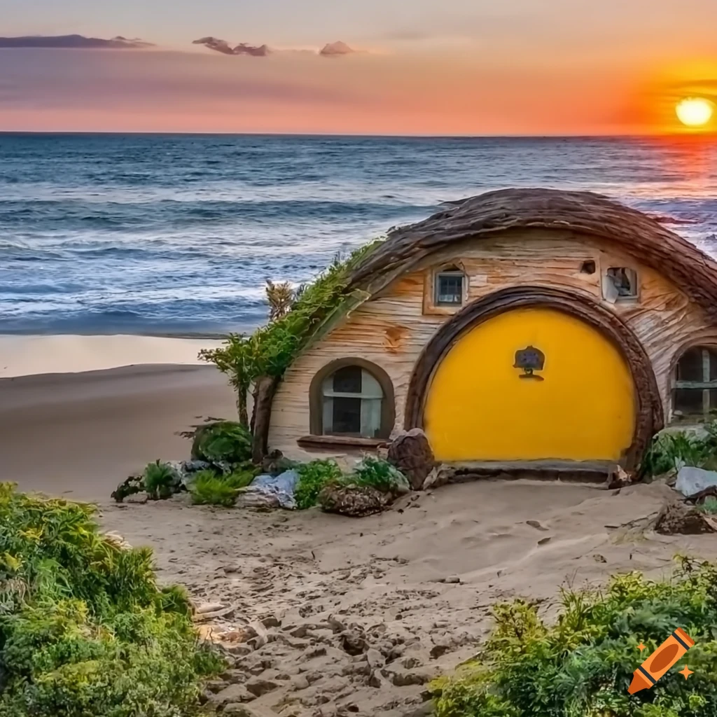 Realistic depiction of a fairy hobbit house at sunset on the beach on ...