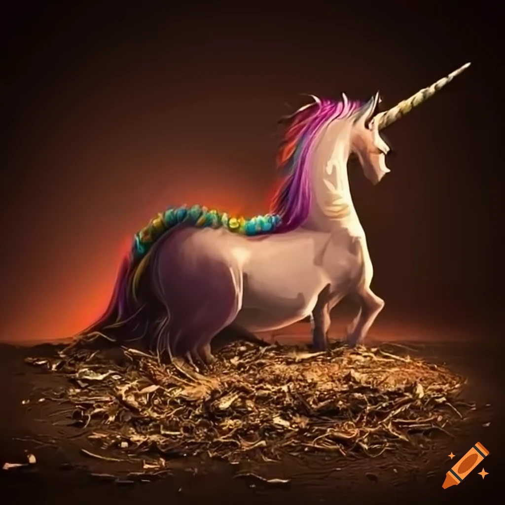 Image of a sulking unicorn in a dung heap on Craiyon