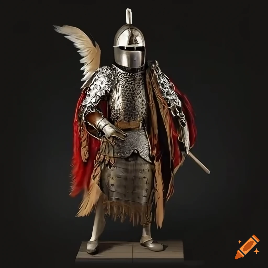Character design of a winged hussar with armor and wings on Craiyon