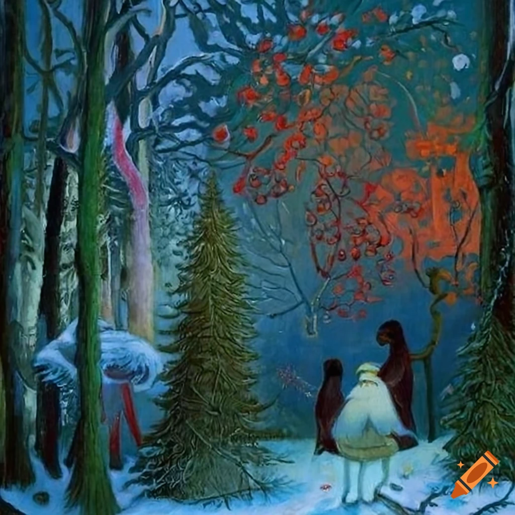 Intricate oil painting of a festive christmas forest scene