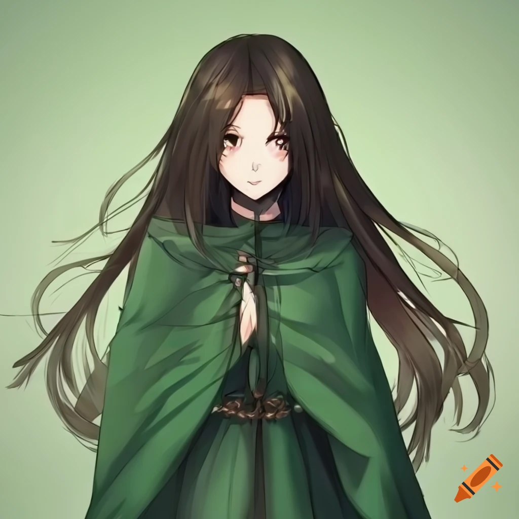 Anime character with long dark brown hair and green cloak on Craiyon
