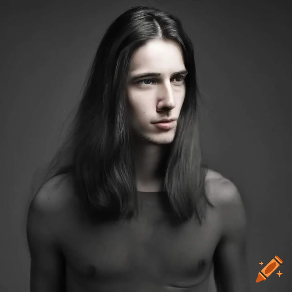 Stylish man with long black hair and blue eyes on Craiyon