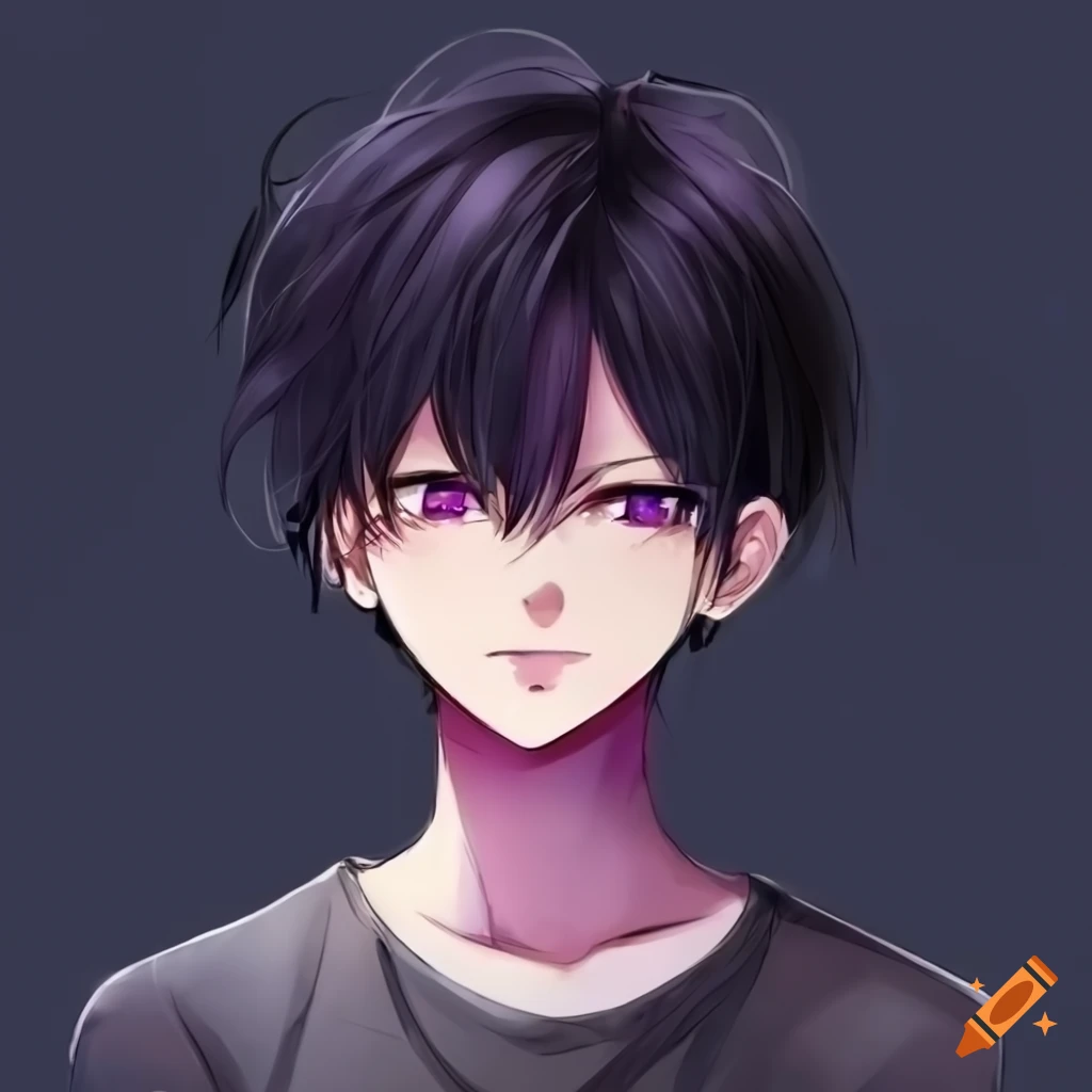 Illustration of a young boy with black hair and purple eyes on Craiyon