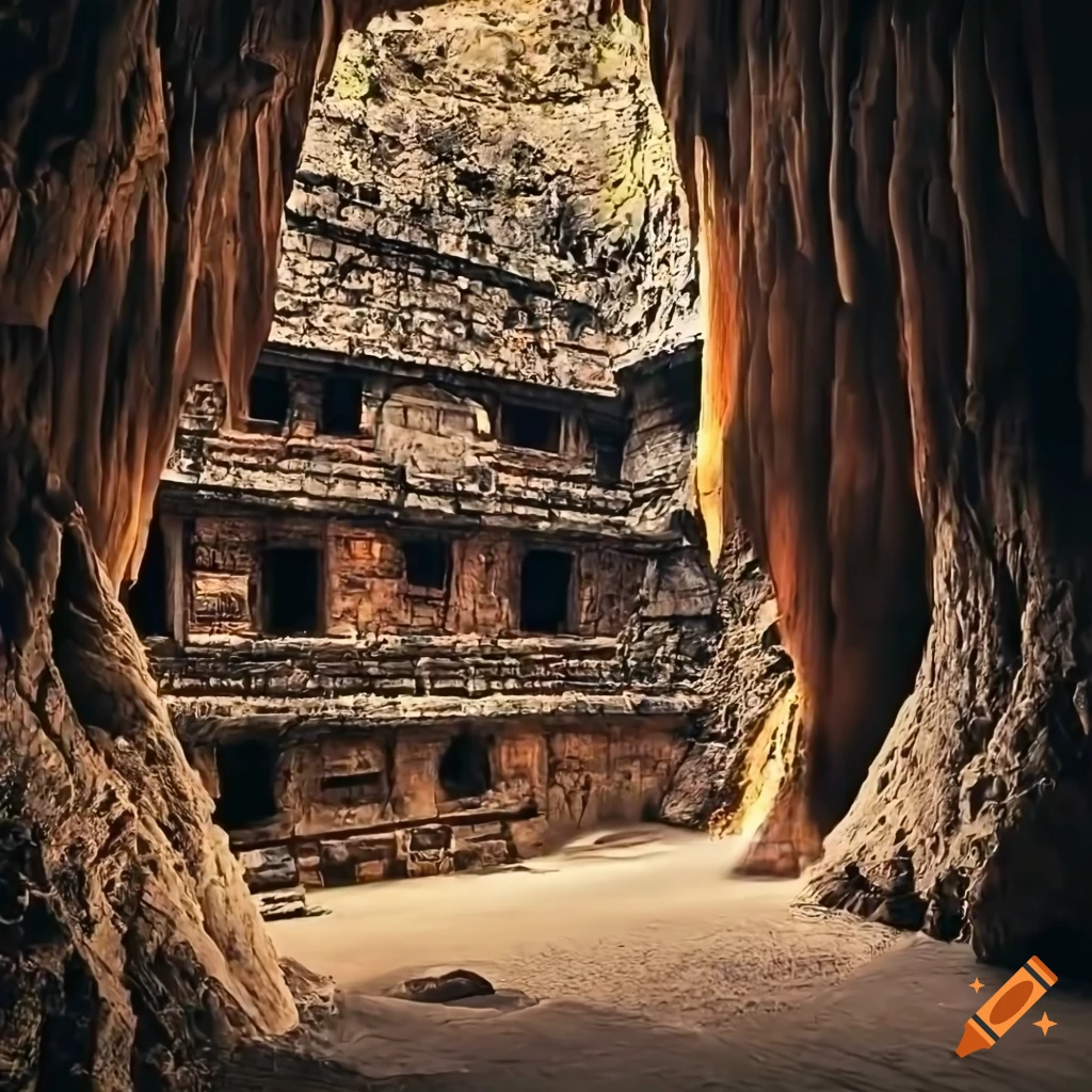 Photograph of an Aztec town inside a cave on Craiyon