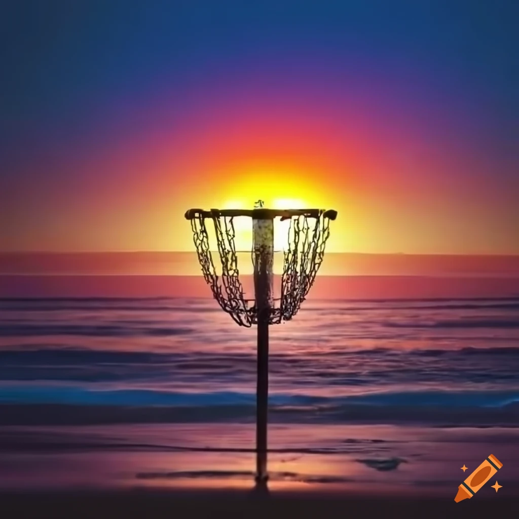 Sunset disc golf basket by the beach on Craiyon