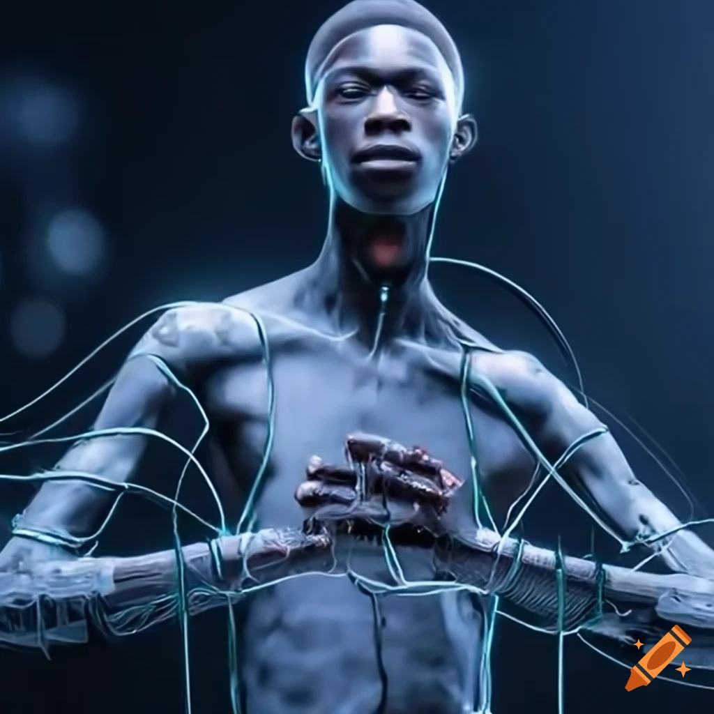 Futuristic image of a male cyborg connected to wires on Craiyon