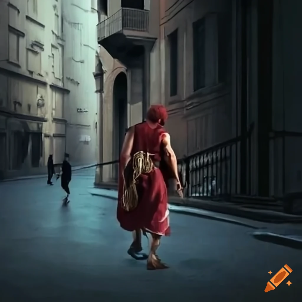 Roman person running through the streets on Craiyon