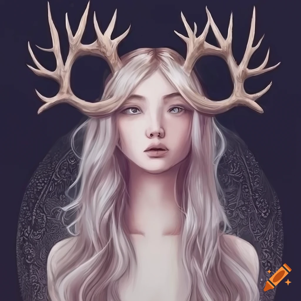 Dark fantasy illustration of a girl with antlers in a forest