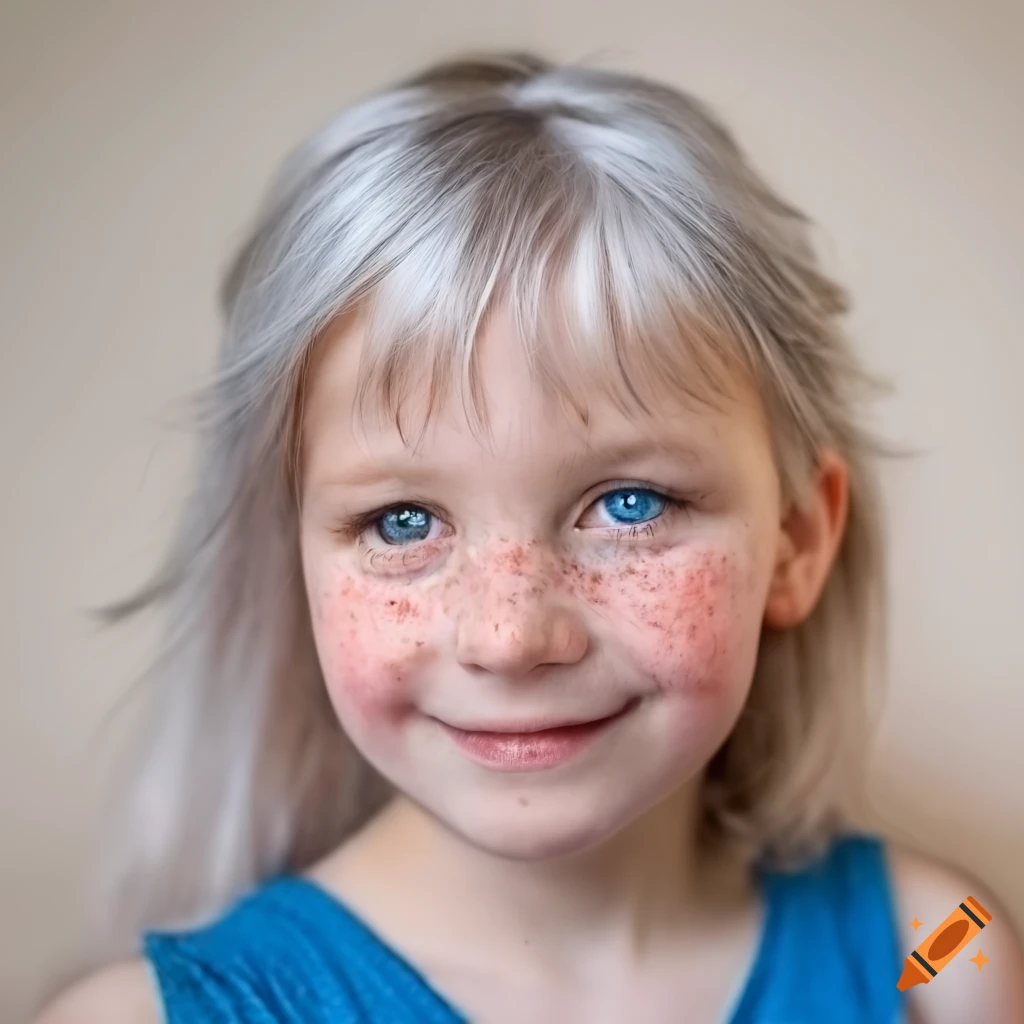 Portrait of a young girl with long white hair and blue eyes on Craiyon