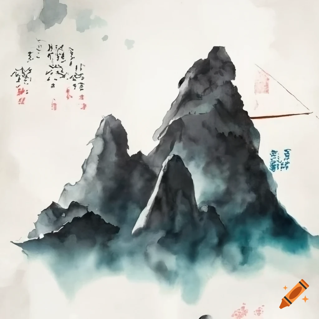 Chinese ink painting of mountains, lake, and fishing old man on Craiyon
