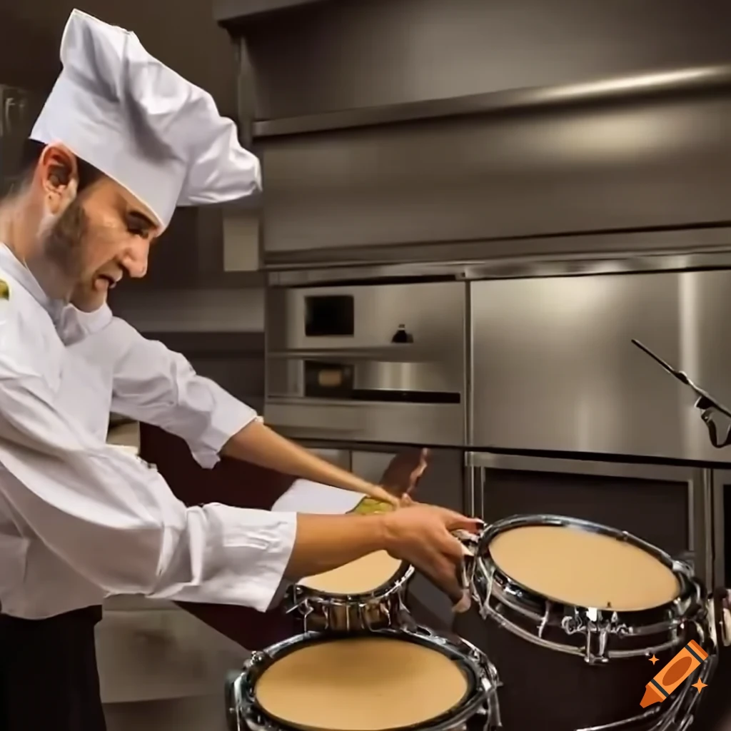Chef playing drums in a kitchen on Craiyon