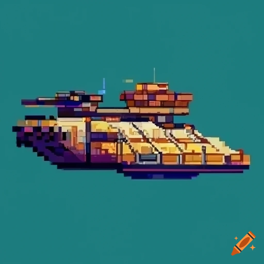 Pixel art of a futuristic cargo ship in space