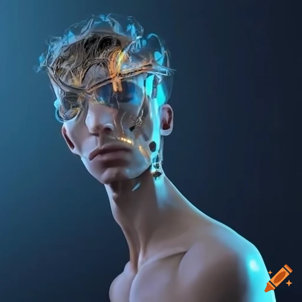 Futuristic image of a tangled cyborg in transparent wires on Craiyon