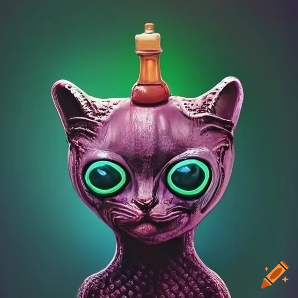 Illustration of an alien cat with a bottle-shaped head on Craiyon