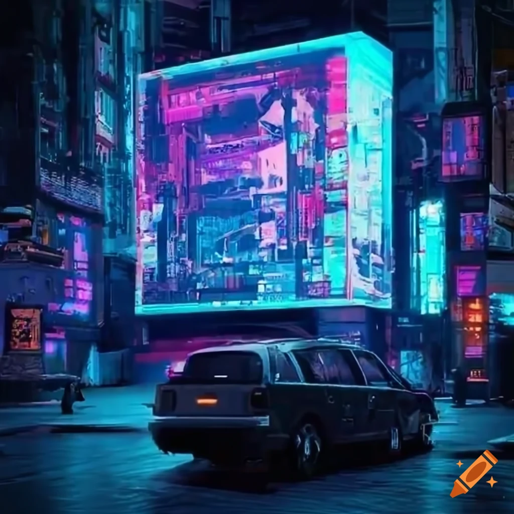 Cyberpunk street with large computer screen