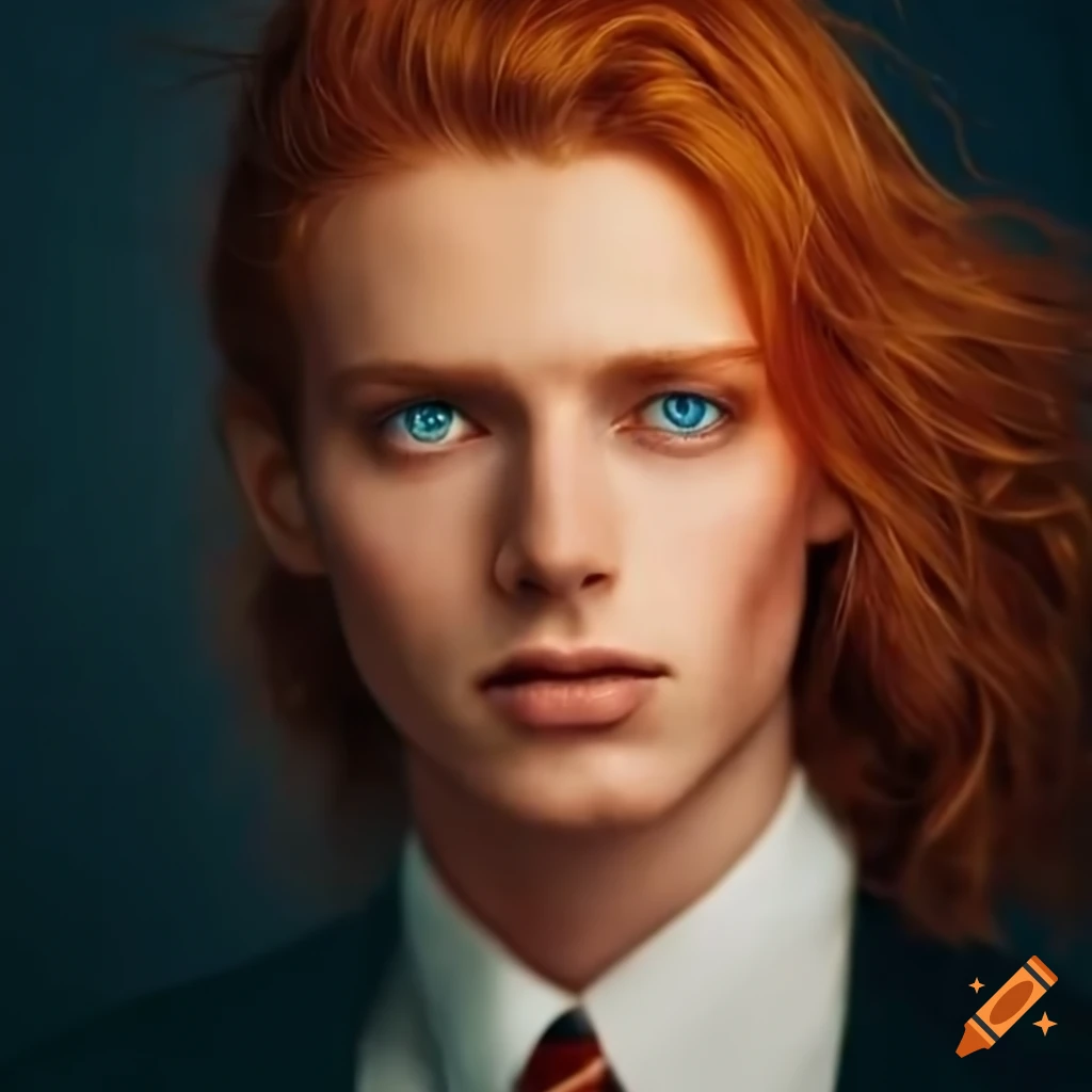 Portrait of a stylish man with long red hair and blue eyes on Craiyon
