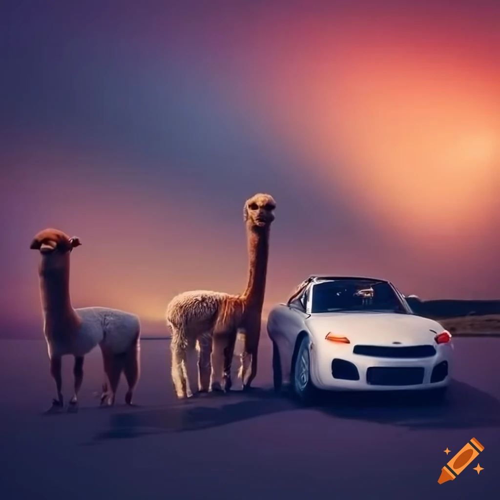 Alpacas posing next to a sports car at twilight on Craiyon