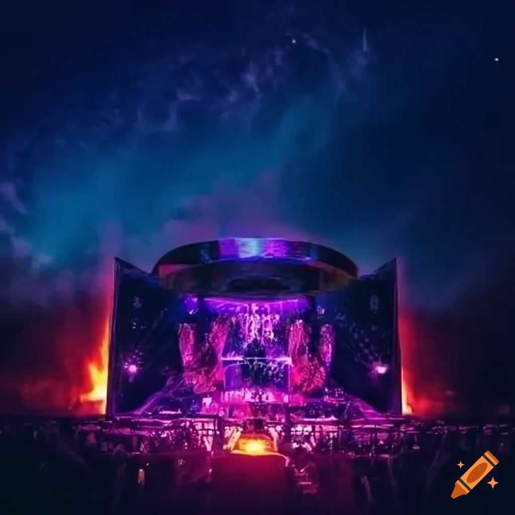 Aerial view of a futuristic UFO stage at a music festival on Craiyon