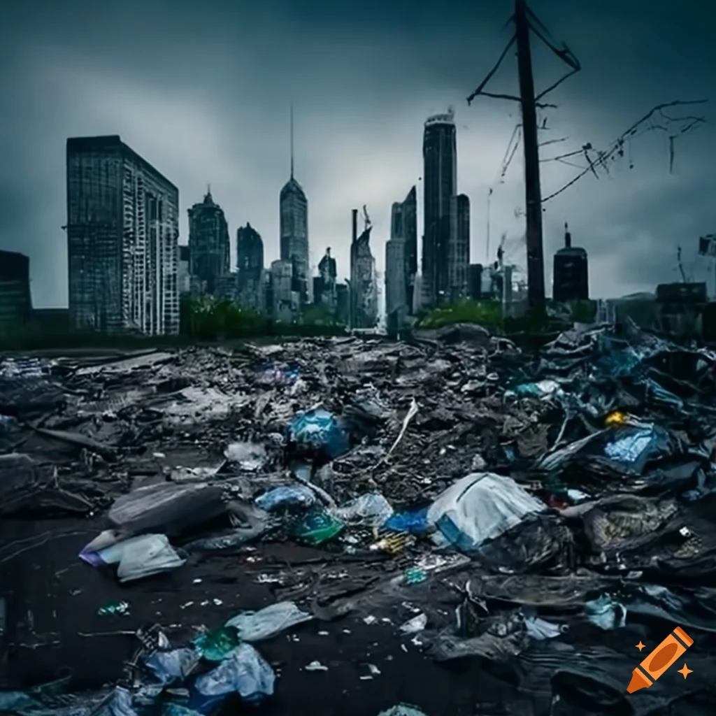 Cityscape of a dystopian city surrounded by garbage