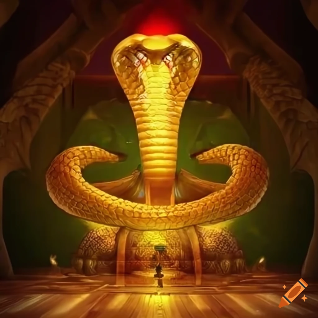 Fantasy temple with giant golden cobra guardian on Craiyon