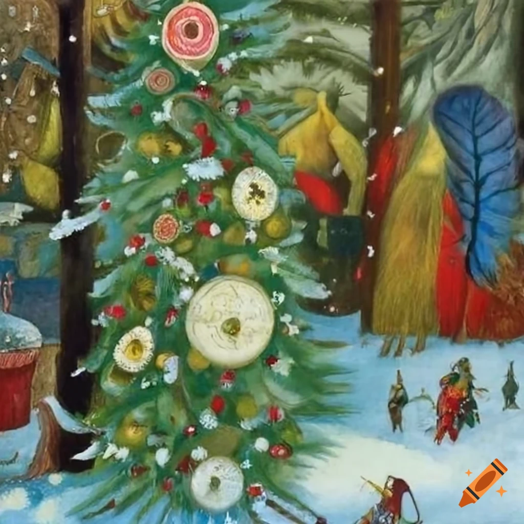 Intricate illustration of a christmas tree made of colorful feathers
