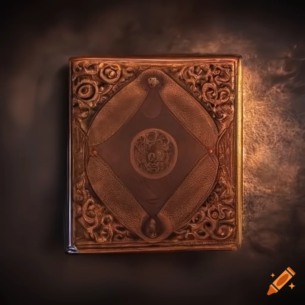 Ultra realistic photo of a leather book with magic symbols