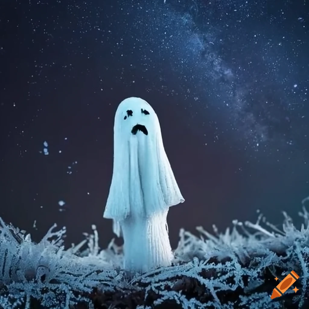 Ghost standing in a frost-covered mushroom field