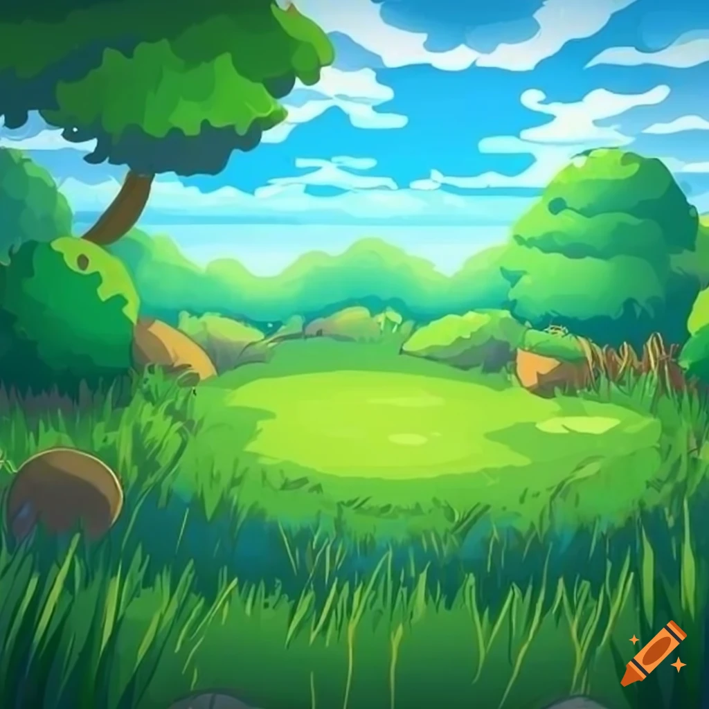 Background of a Pokémon grassland with a pond on Craiyon