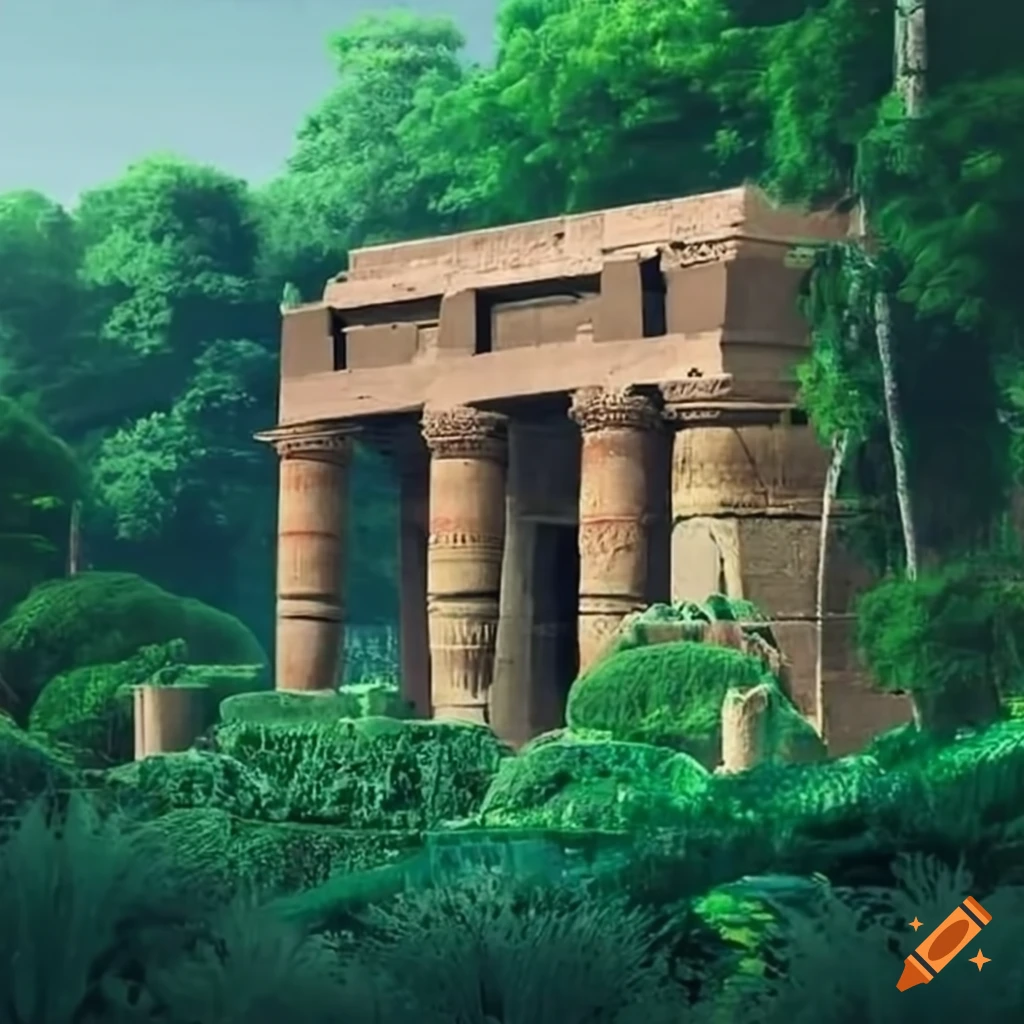 Ancient egyptian temple in a green landscape on Craiyon