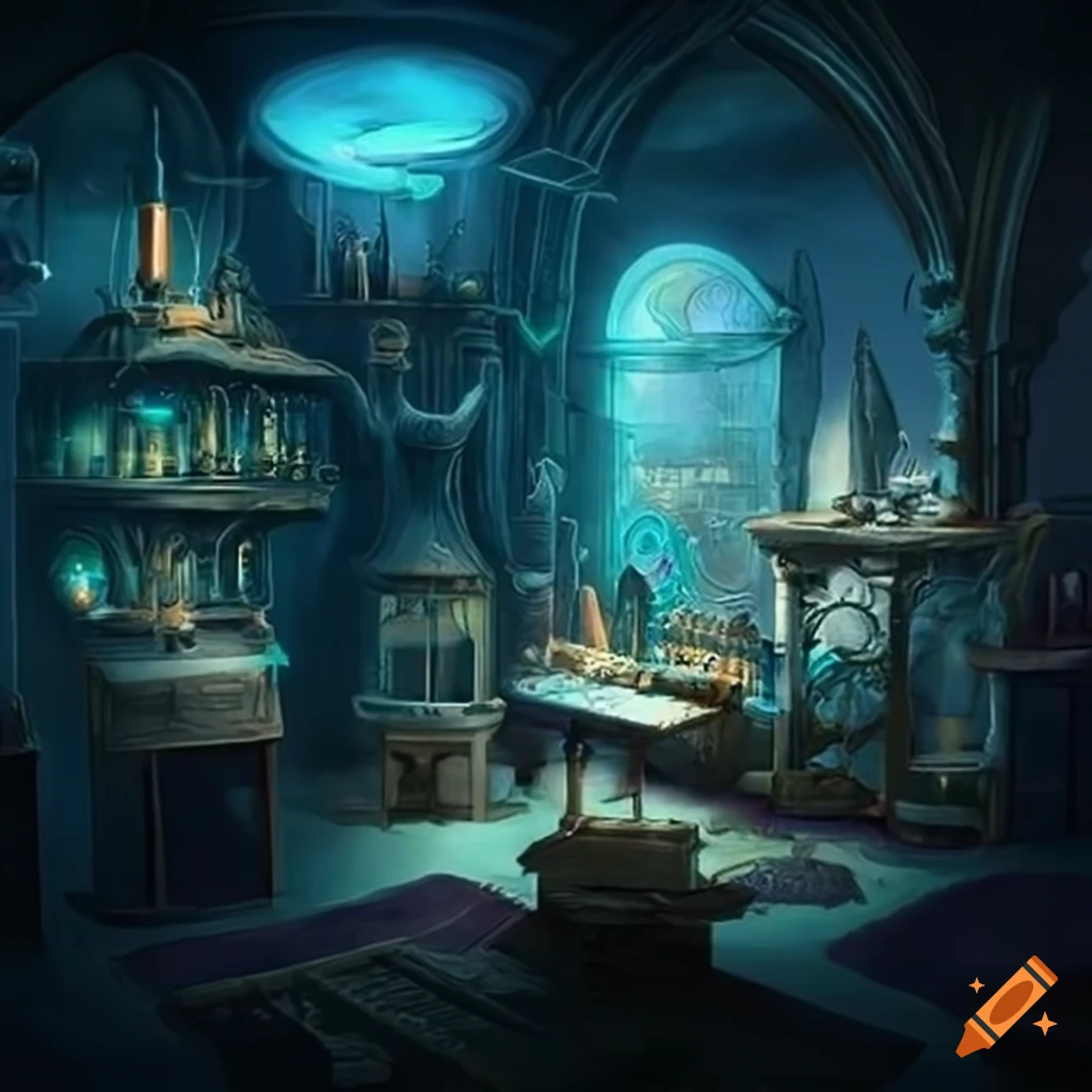 Artistic depiction of a fantasy laboratory