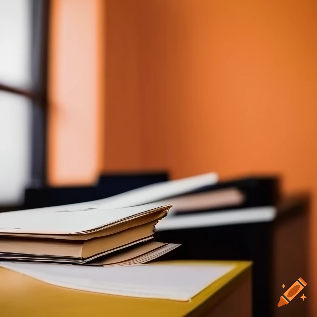 Office table with documents and books on Craiyon