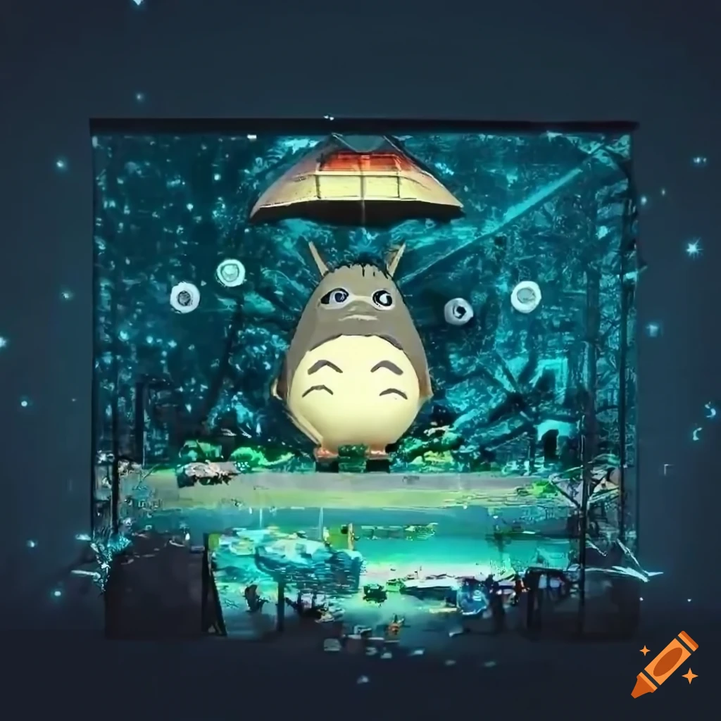 Diorama of Totoro and Blade Runner in glittery setting on Craiyon