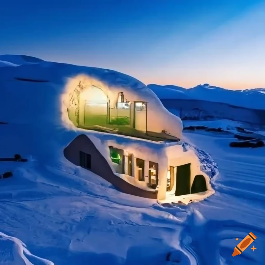Unique cave hotel with snowy mountain view on Craiyon