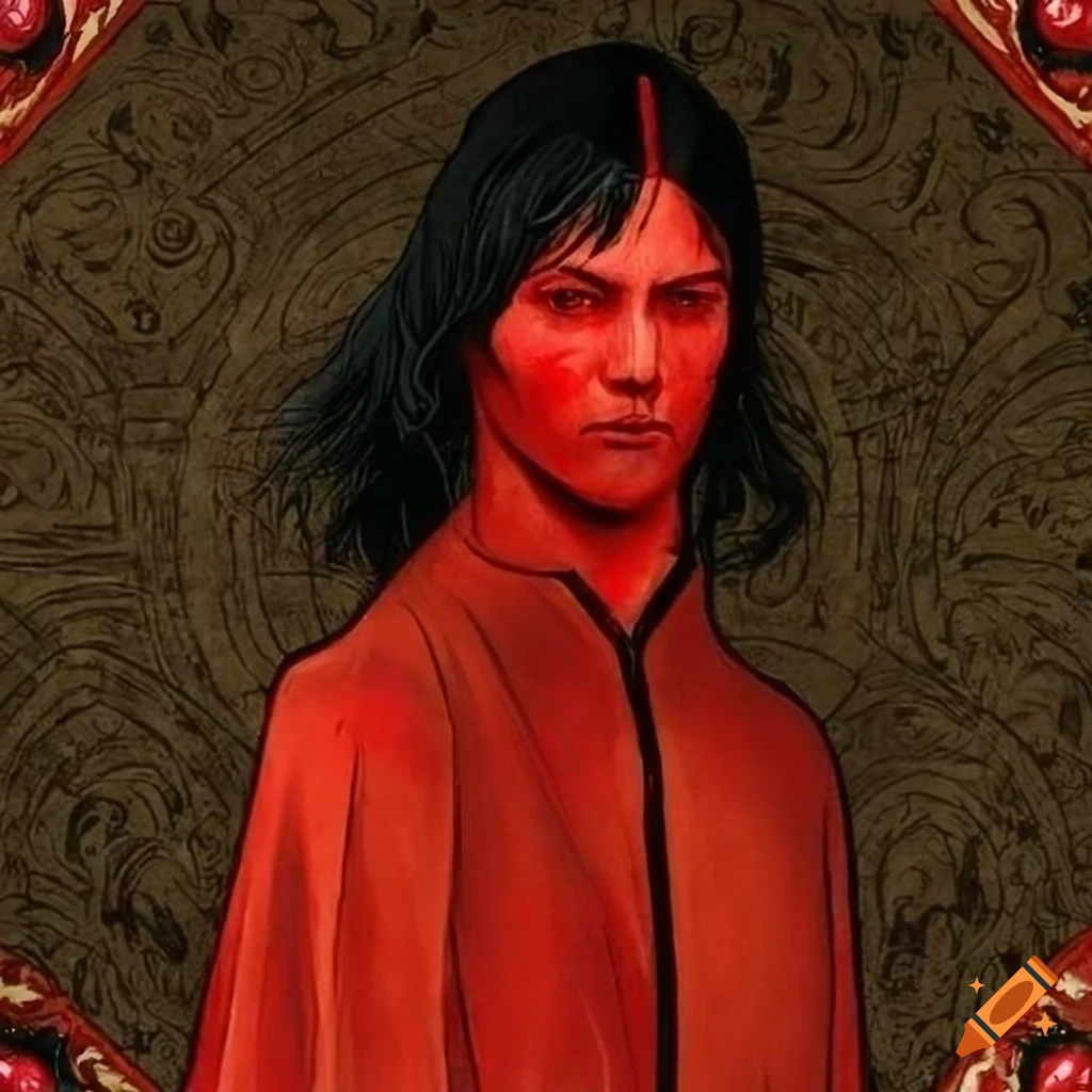 Detailed illustration of a red-skinned man with slick black hair on Craiyon