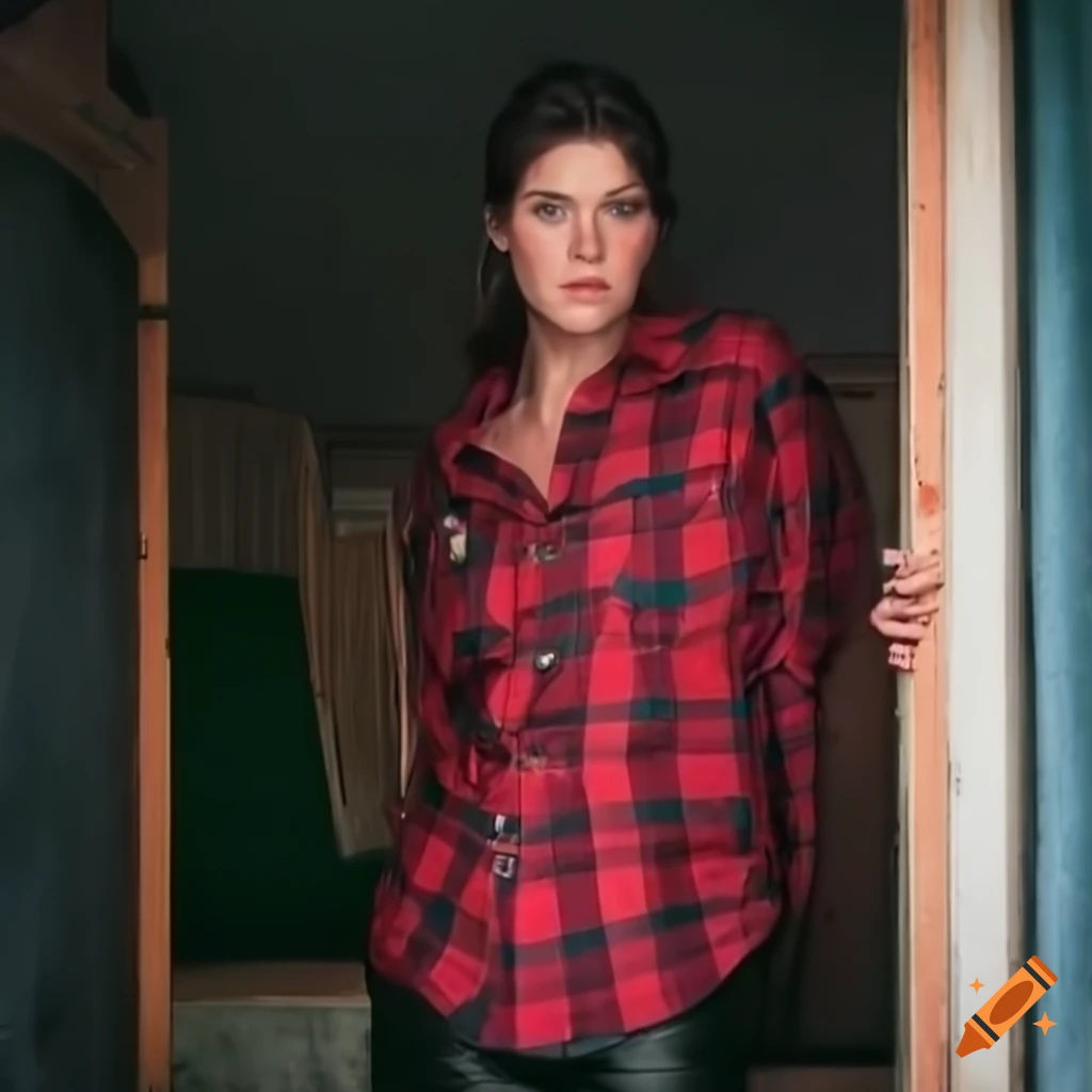 Portrait of a young woman in red plaid shirt and black leather outfit ...