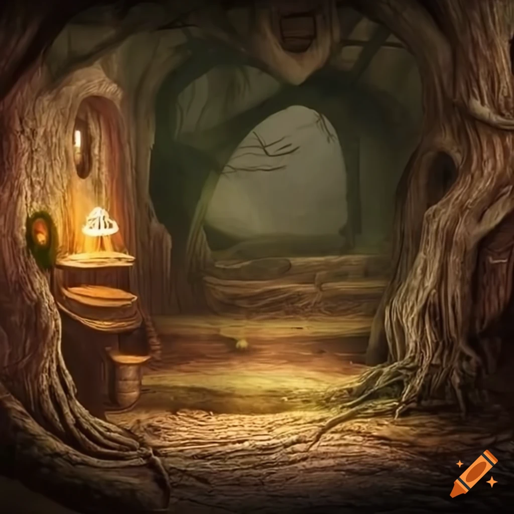 Interior of a fantasy hideout inside an old tree