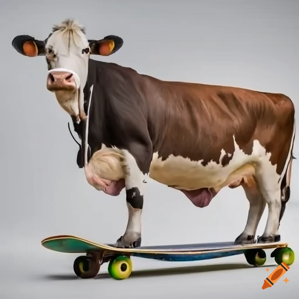 Skateboarding cow on a white background