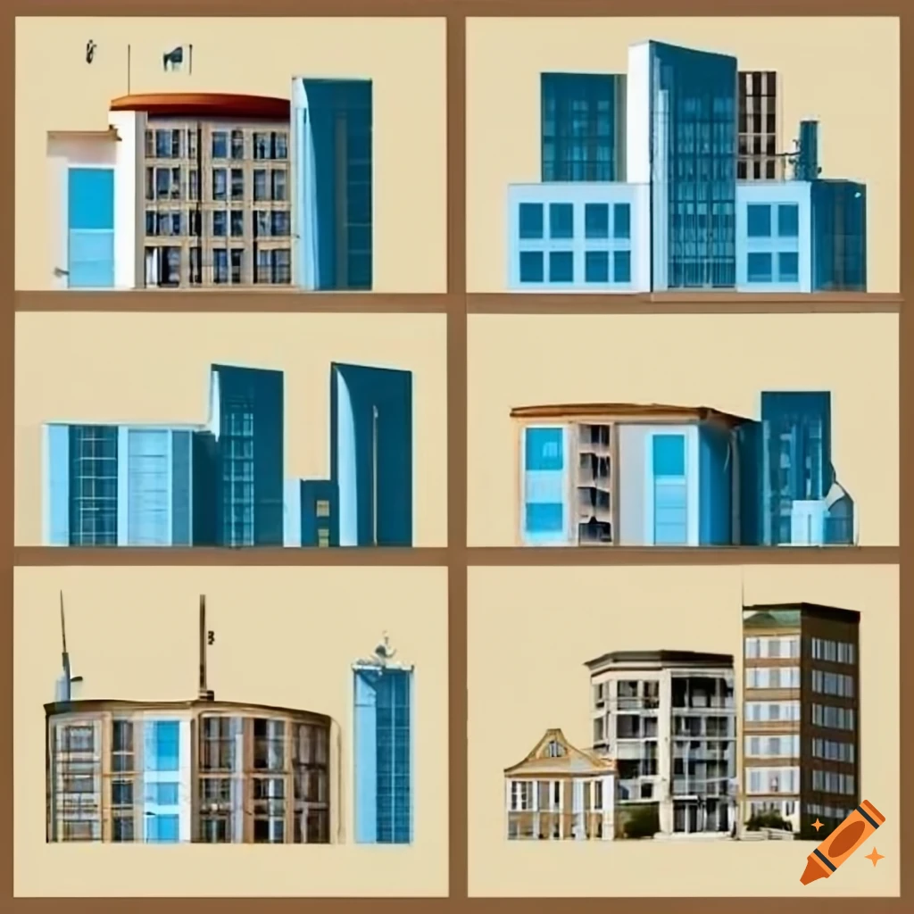 Collage of buildings representing different zoning categories on Craiyon