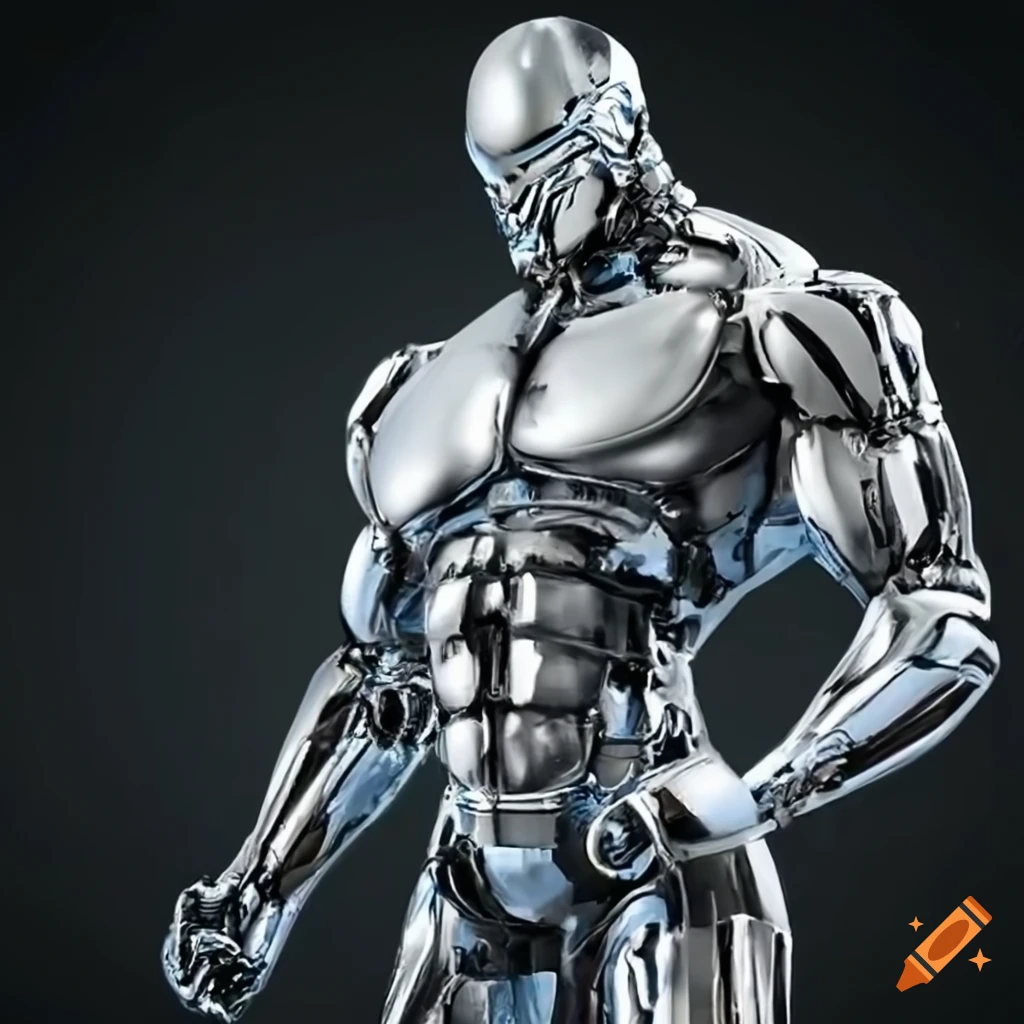 Silver chrome muscular male robot on Craiyon
