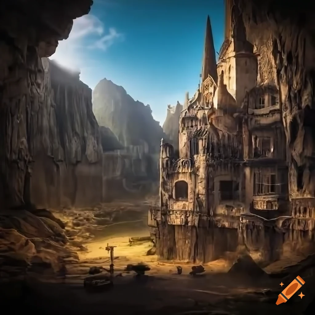 Photograph of a steampunk town inside a cave on Craiyon