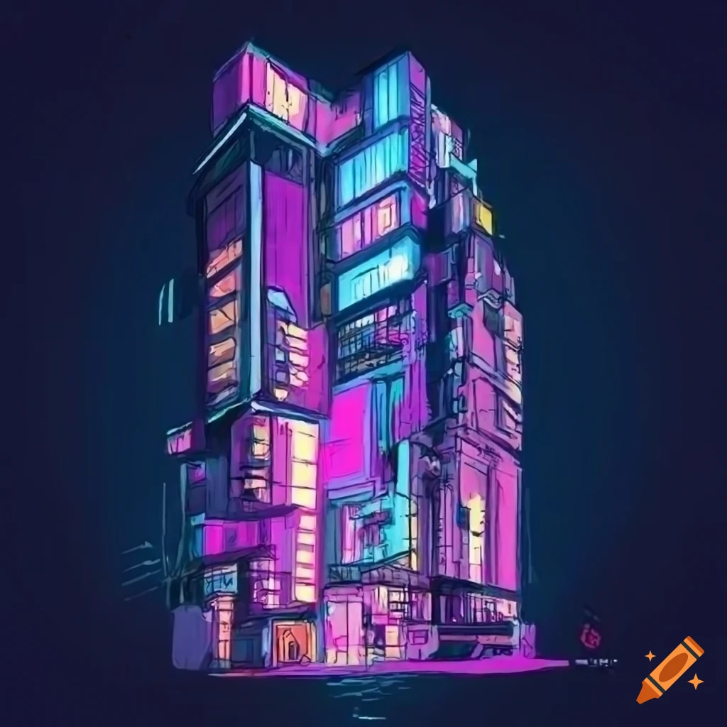 Cyberpunk style architectural drawing of a building on Craiyon