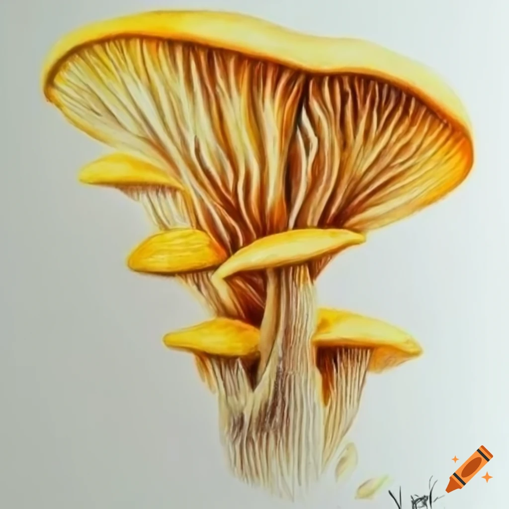 Realistic pencil drawing of pale yellow oyster mushrooms