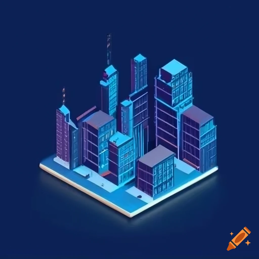 Neon blue isometric city map