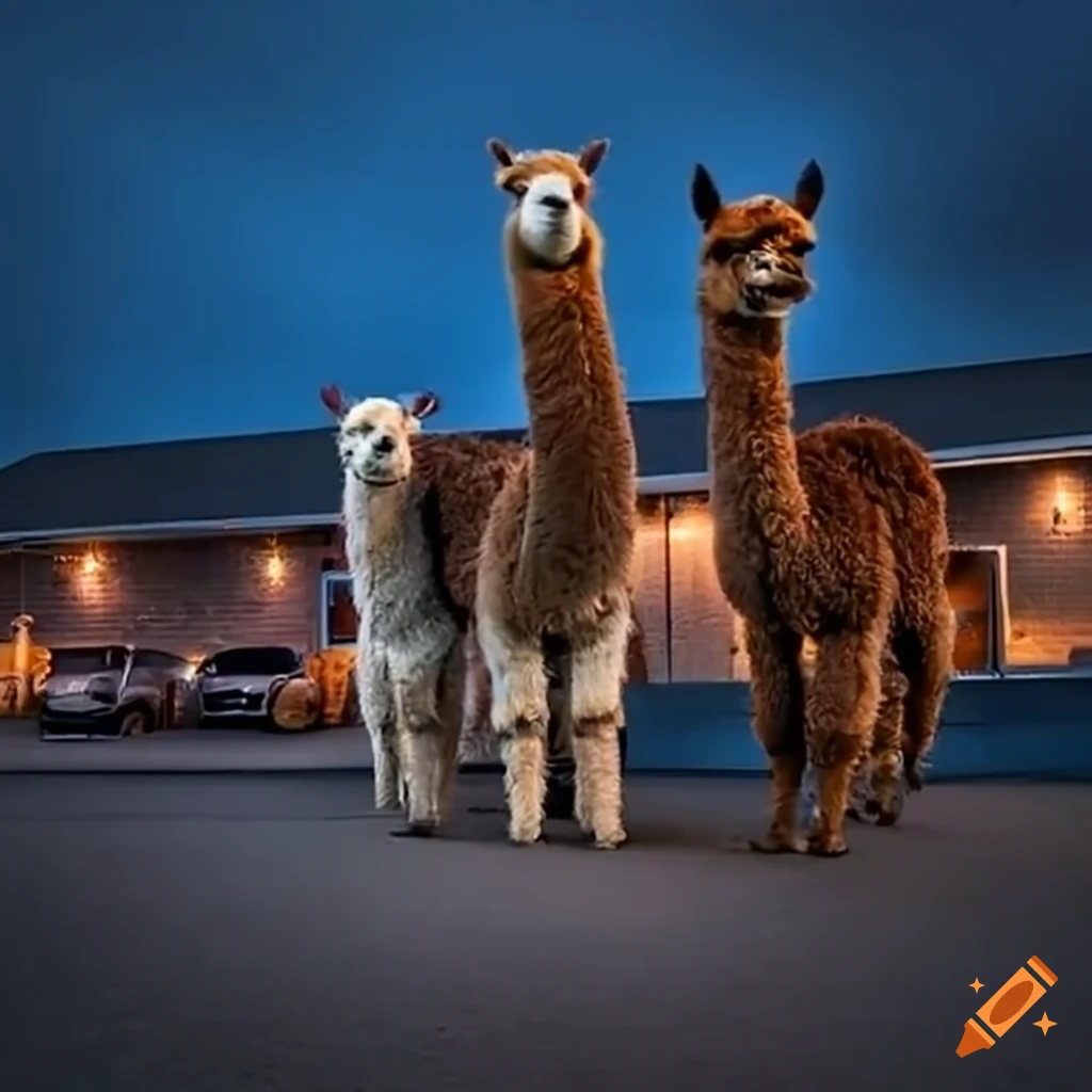 Alpacas posing next to a sports car at twilight on Craiyon