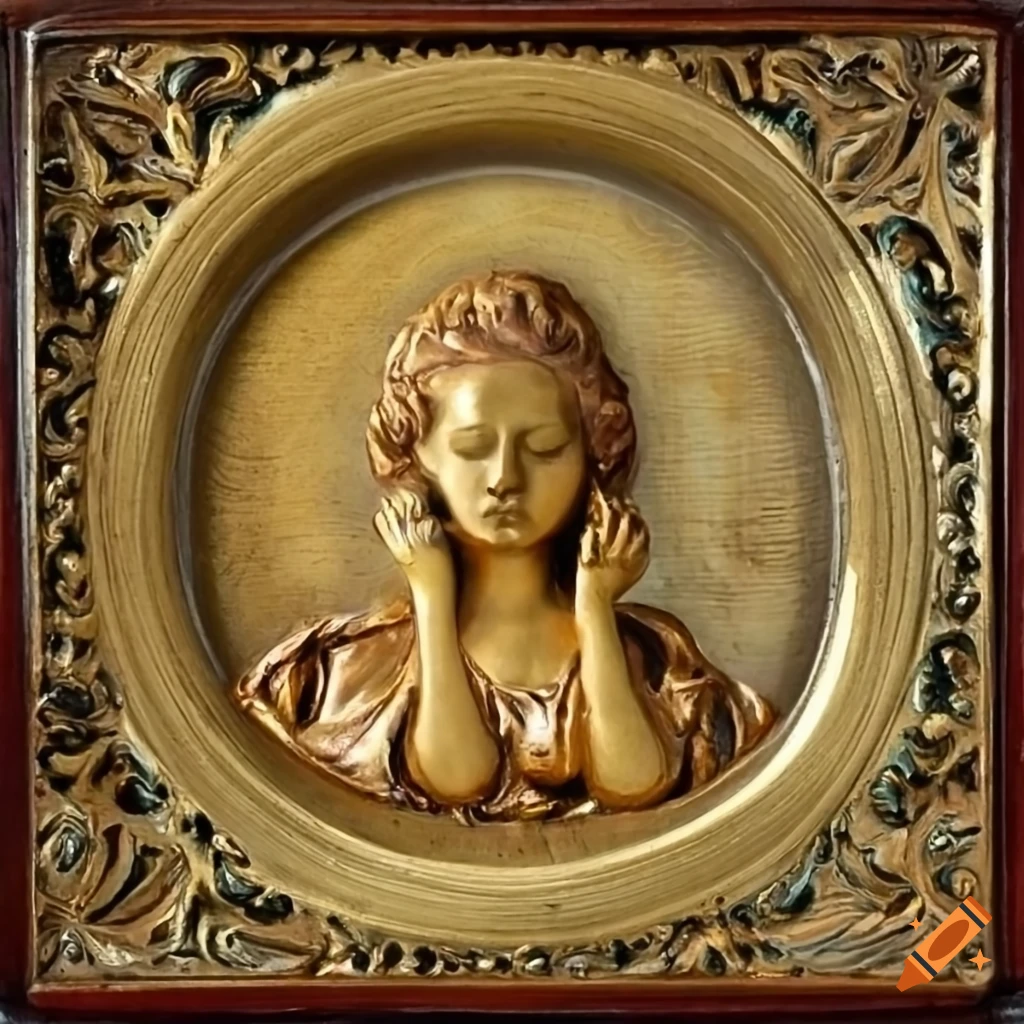 Antique gold relief of a lady with a mournful expression