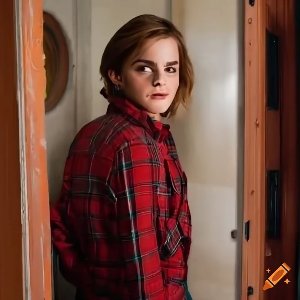 Young woman in plaid shirt and high-waist black trousers sitting in a ...