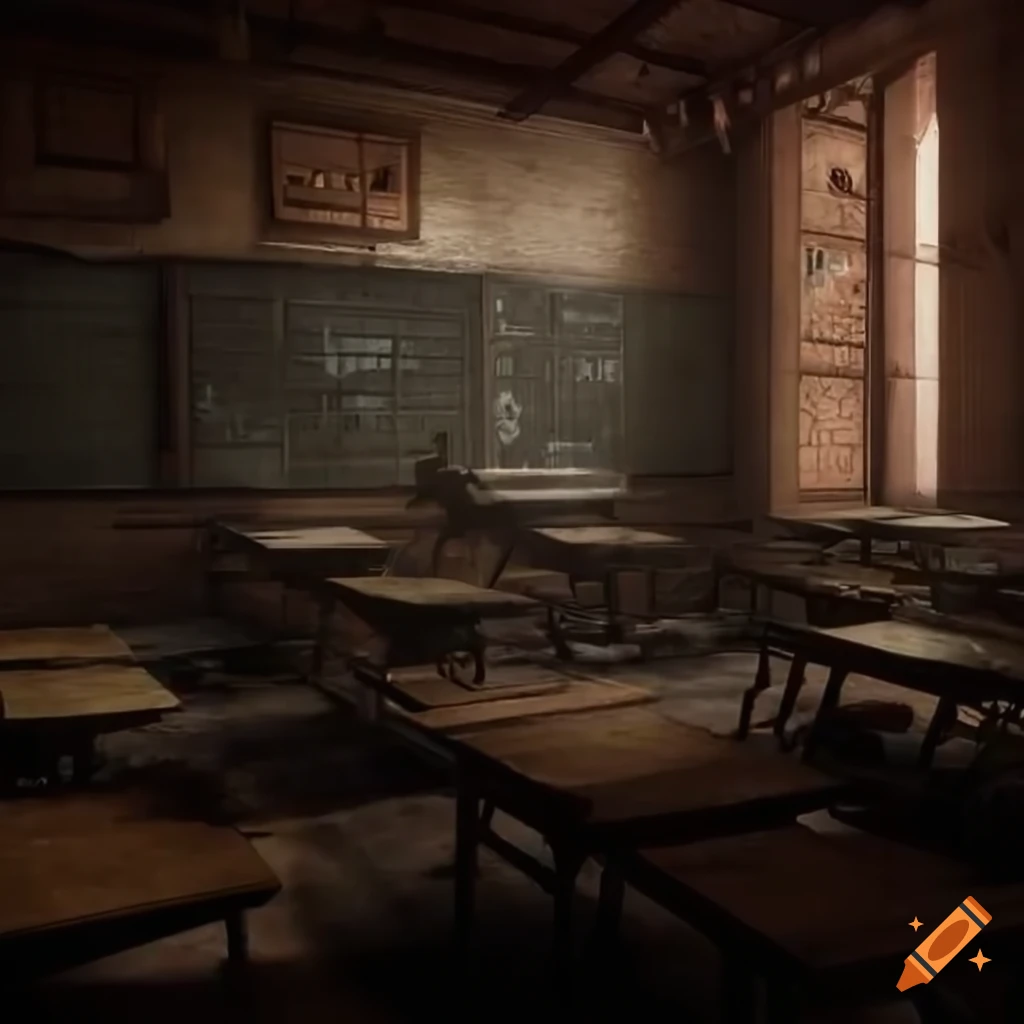 Gritty concept art of a school interior in fallout universe on Craiyon
