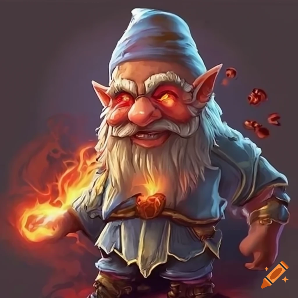 Illustration of a mischievous gnome wizard casting fireball