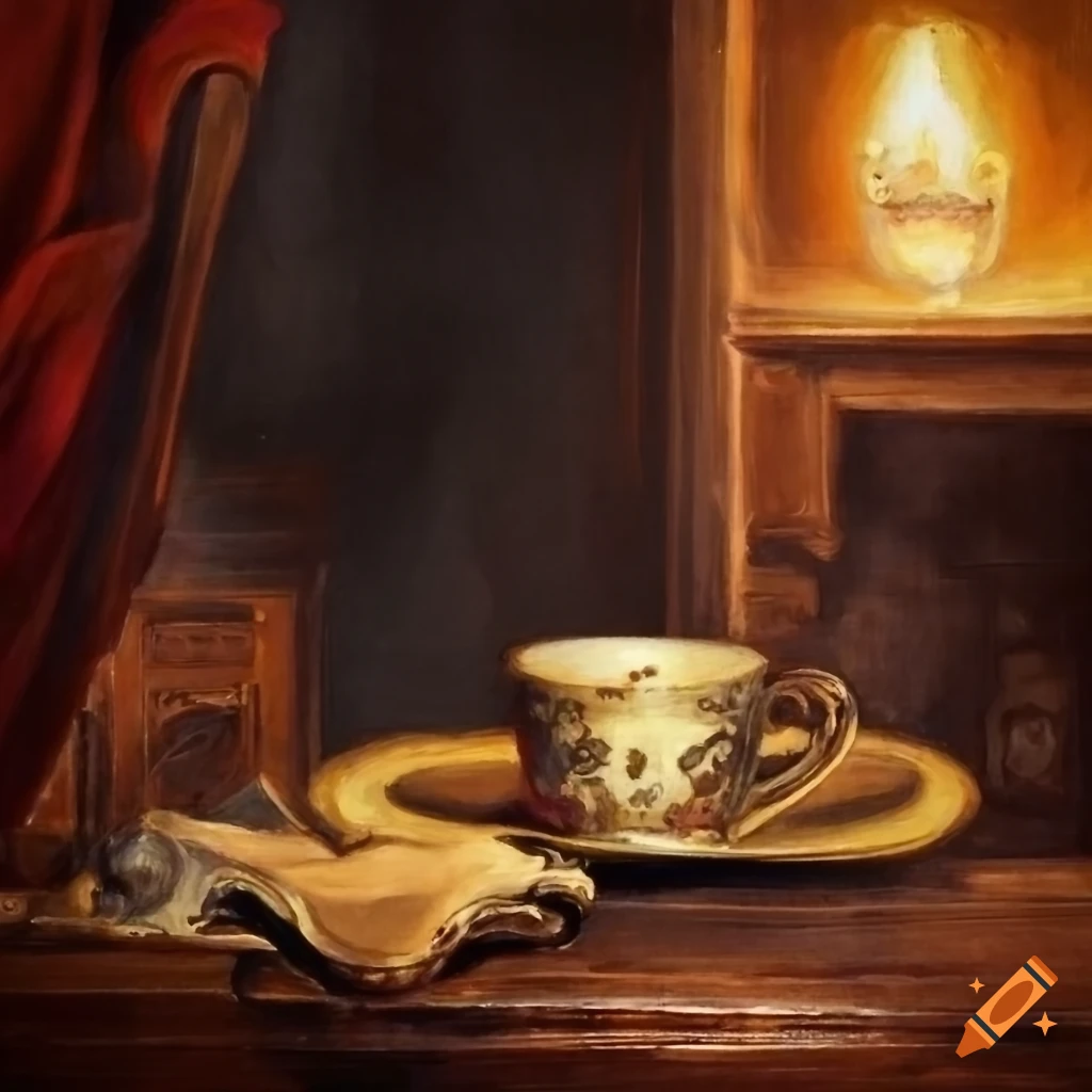 Ornate cup of tea on wooden table in a medieval parlor