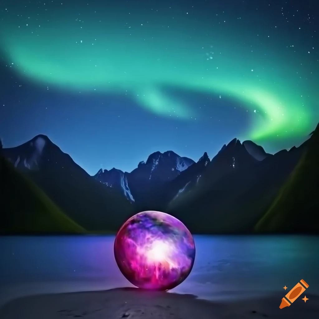 Arctic landscape with a long riverfall upon riverfall under a sphere ...